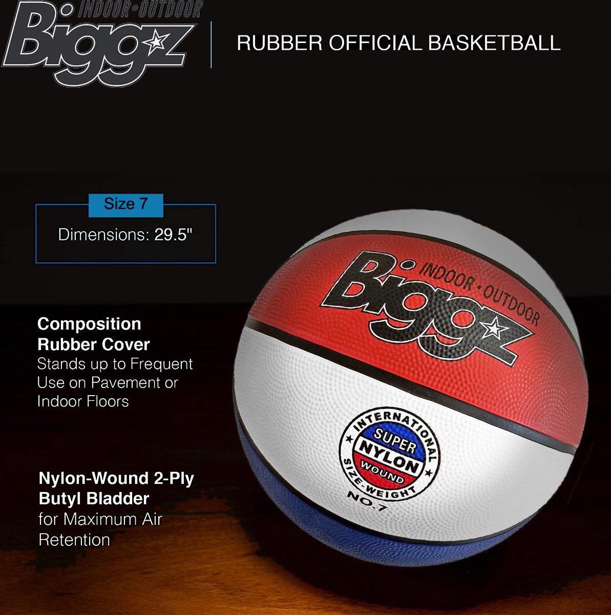 Biggz Premium Rubber Basketballs - Red/White/Blue - Official Size 7 (2
